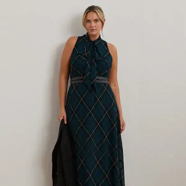 Ralph Lauren Plaid Crinkle Georgette Tie-Neck Gown In Blue/Black/Green -  60% Off | Editorialist
