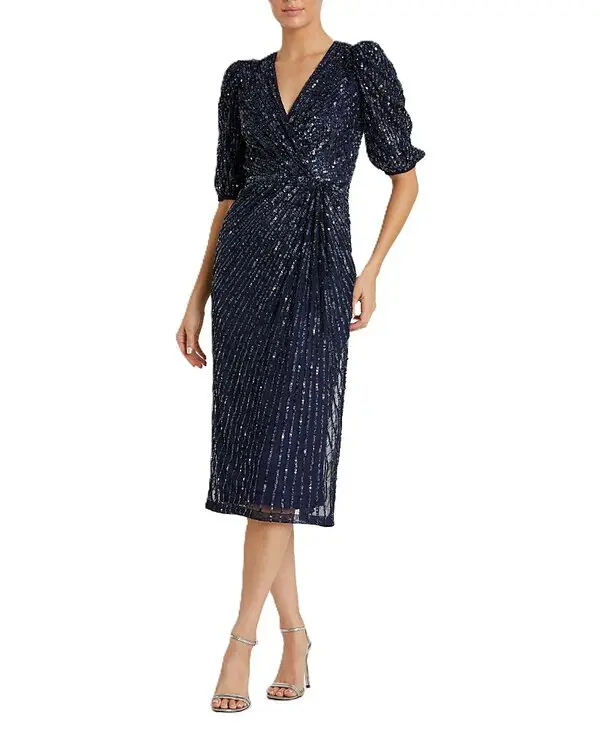 Mac Duggal Sequin V-neck Midi Dress With Puff Sleeves