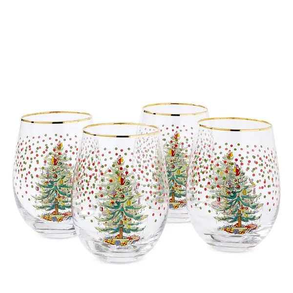 SPODE Christmas Tree Polka Dot Stemless Wine Glass, Set Of 4 - Green