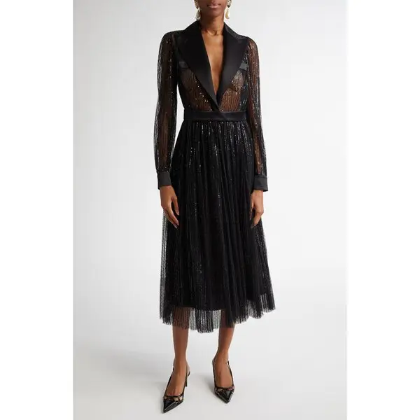 Dolce & Gabbana Sequin Long Sleeve Blazer Midi Dress - N0000 Nero