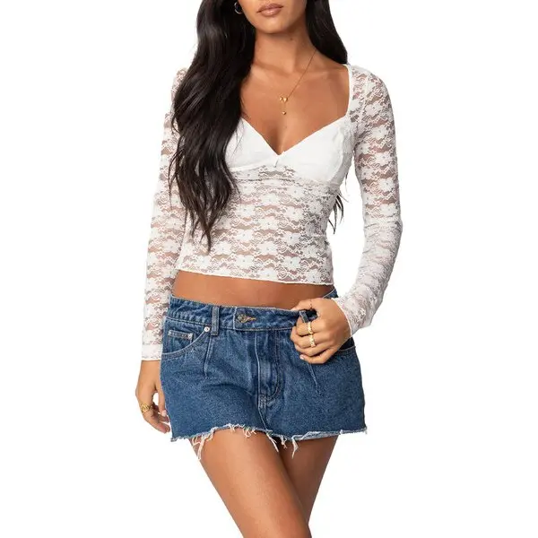 EDIKTED Mykonos Lace Crop Top - White