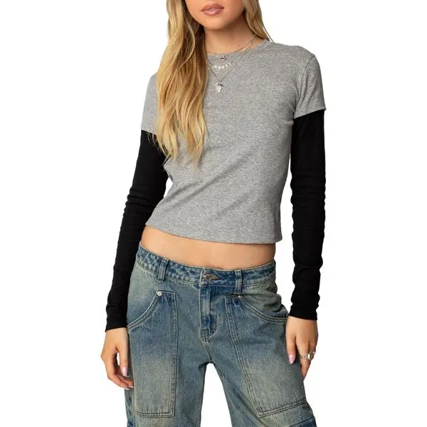 EDIKTED Layered Look Long Sleeve T-shirt - Gray-melange