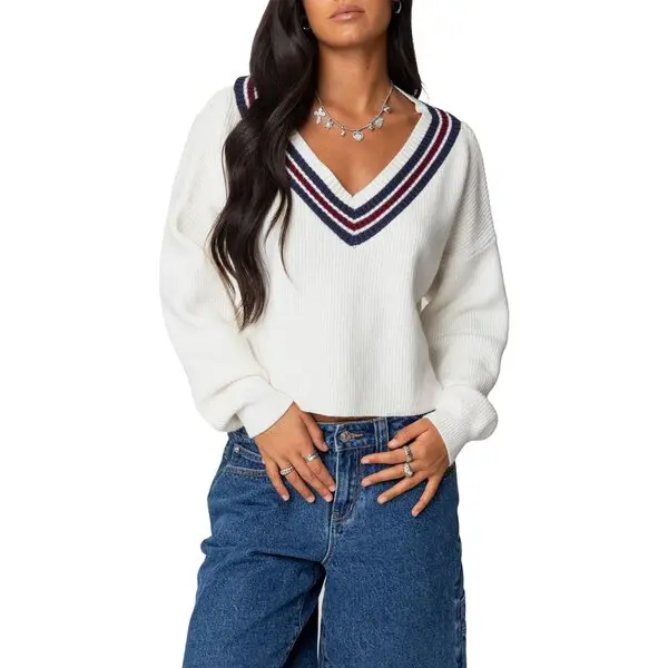 EDIKTED Lauryl Stripe V-neck Sweater - White