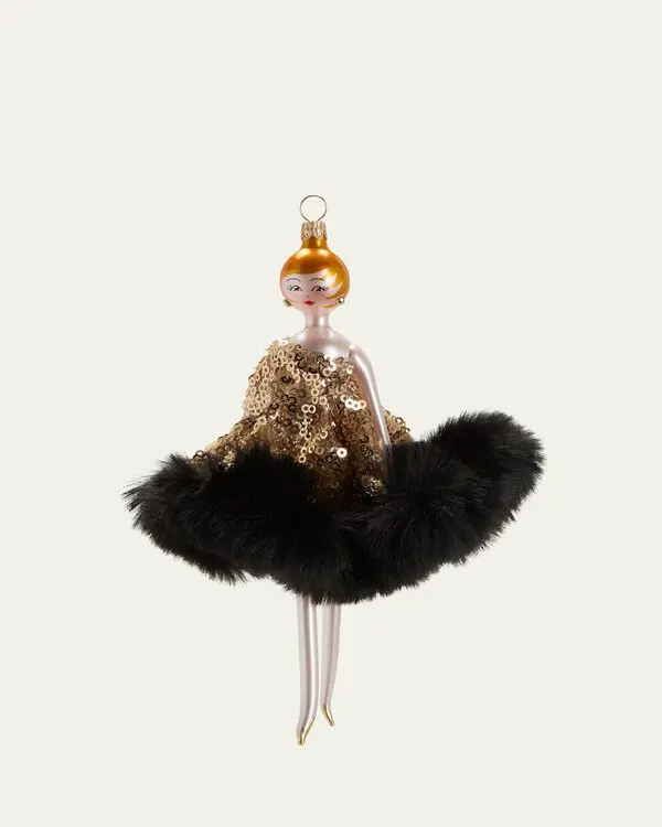 DE CARLINI Lady In Sequin & Faux Fur Dress Christmas Ornament