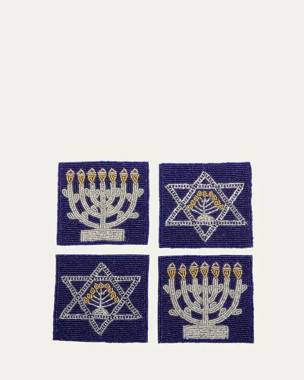 SUDHA PENNATHUR Beaded Star Of David And Menorah Coasters, Set Of 4
