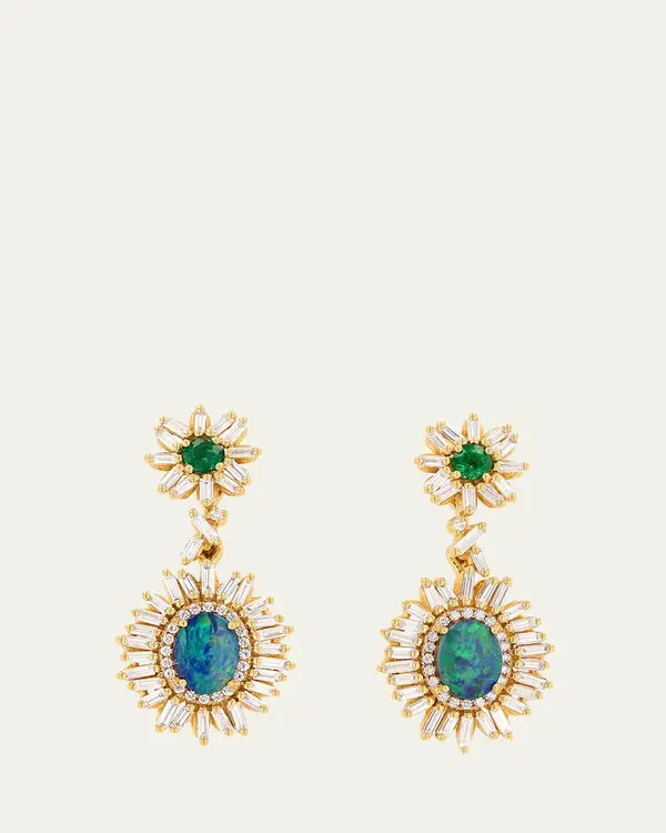 SUZANNE KALAN 18k Yellow Emerald, Opal, And Diamond Drop Earrings - Gold