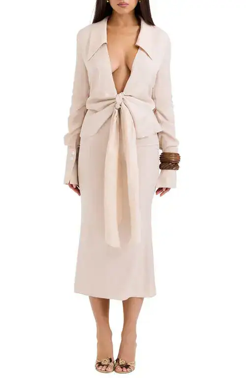 House Of Cb Nevaeh Long Sleeve Midi Shirt Dress Powder Peach