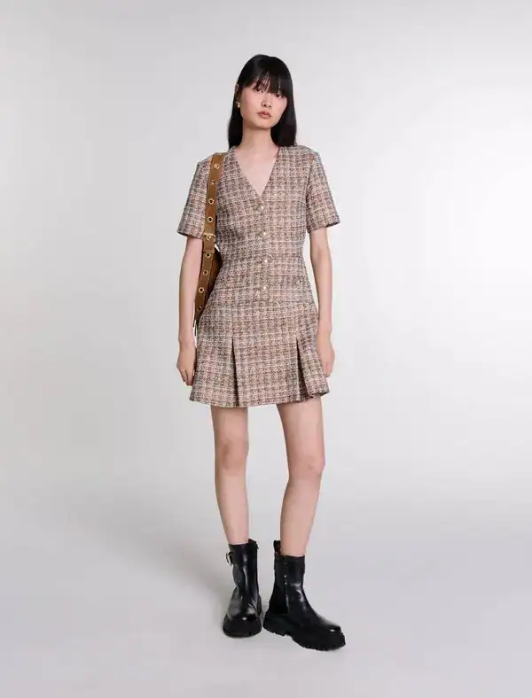 tweed dress brown US Vintage Brown Plaid Tweed Long Sleeve Fitted Waist Mini Dress XS