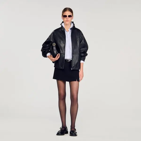 Sandro Oversized Bubble Leather Jacket - Black
