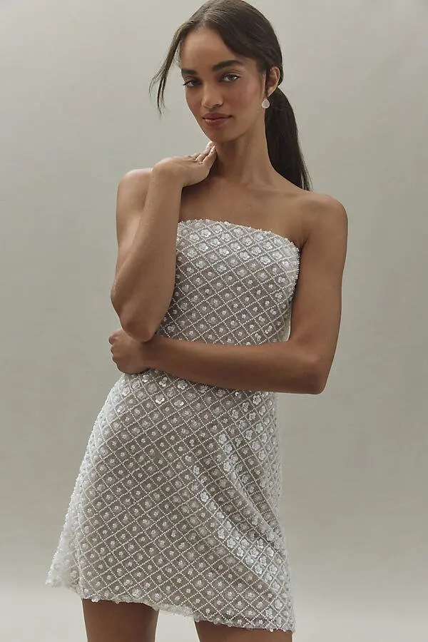 Watters Strapless Beaded Mini Dress With Bow - Ivory