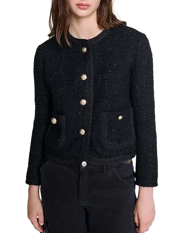 Maje Tweed Cropped Jacket - Black