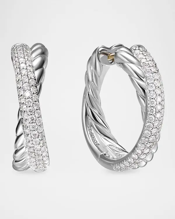 David Yurman Crossover Hoop Earrings - Silver & Diamond