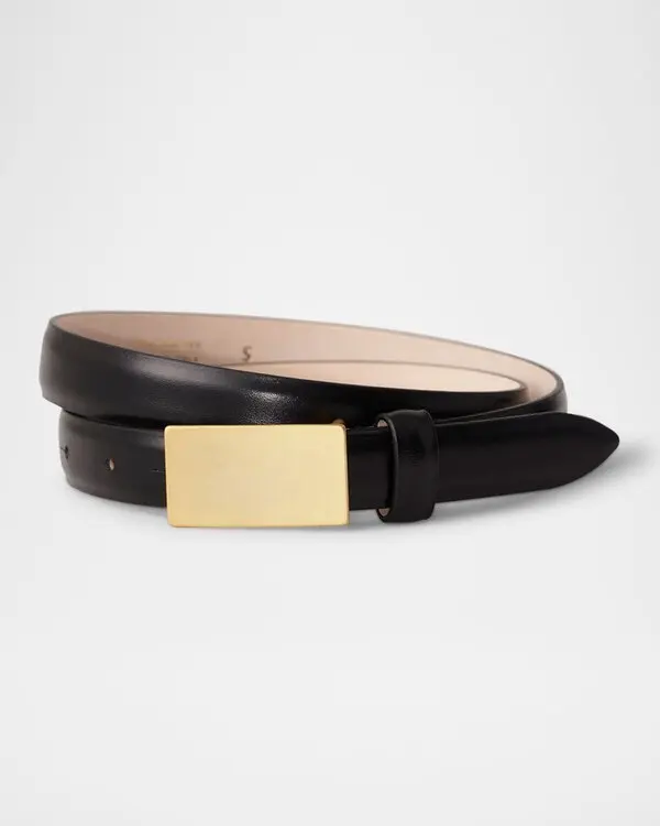 DEHANCHE Signet Calfskin Leather Skinny Belt - Black Brushed Gold