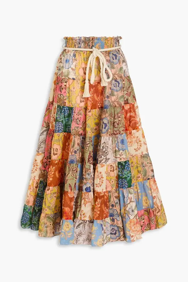 Zimmermann Belted Patchwork Cotton-gauze Midi Skirt - Multicolor