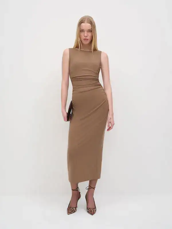 princess polly baby blue dress River Island Crew Neck Knit Midi Dress in Light Brown