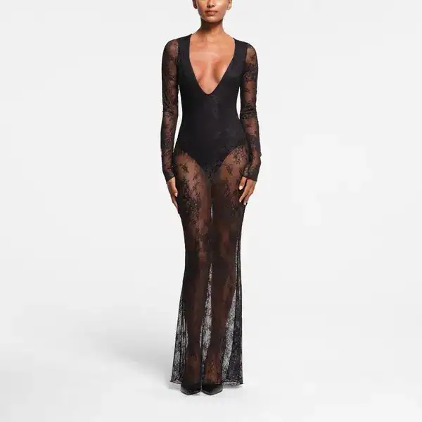 Skims Ultra Fine Lace Plunge Long Dress - Onyx | Editorialist