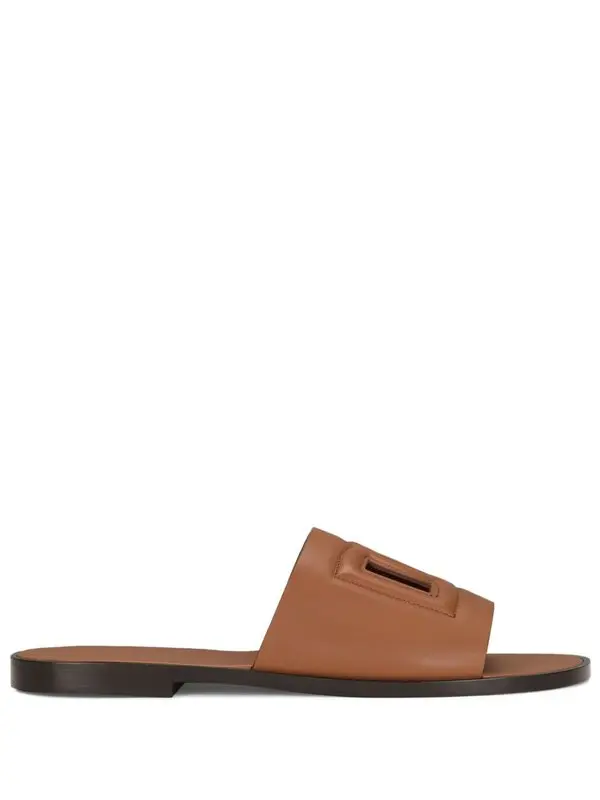 Dolce & Gabbana Embossed-logo Leather Slides - Brown
