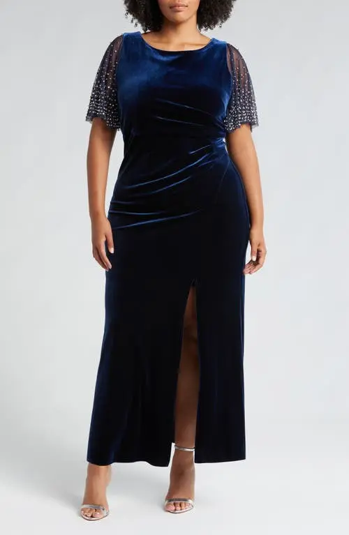 Alex Evenings Embellished Flutter Sleeve Velvet Trumpet Gown - Navy |  Editorialist