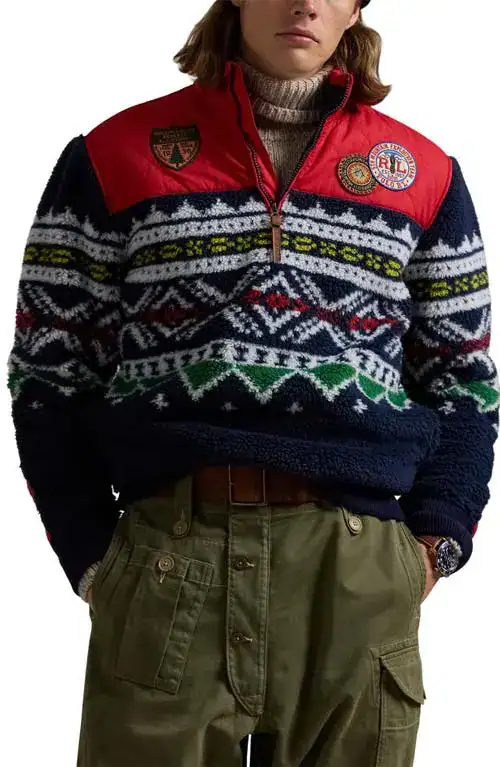 Ralph Lauren High-Pile Fleece Hybrid Pullover In Cruise Navy Multi 