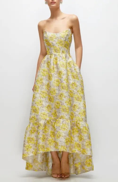 Dessy Collection Metallic Jacquard Corset High-low Gown