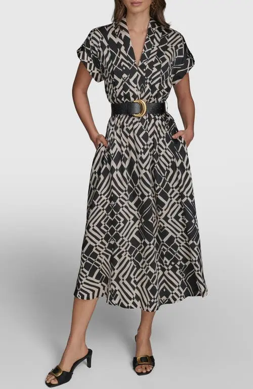 Donna Karan New York Print Belted Midi Dress - Black/ Sand