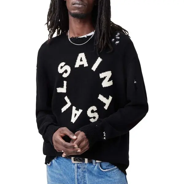 All Saints Diago Distressed Cotton Crewneck Sweater - Black