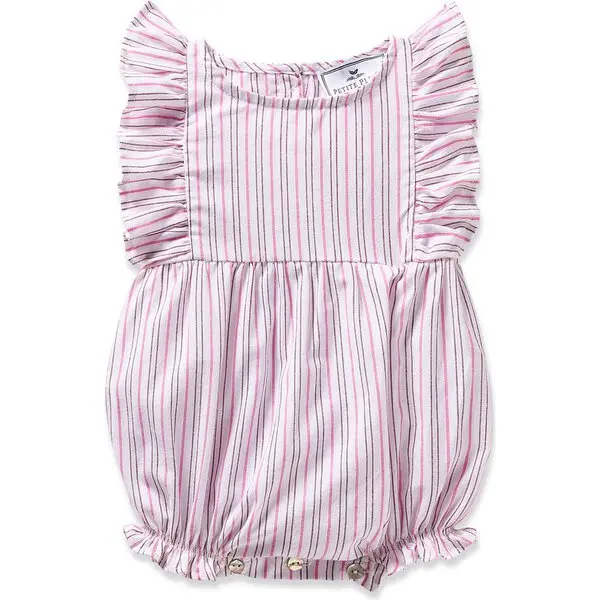 PETITE PLUME Stripe Ruffle Twill Bubble Romper - White