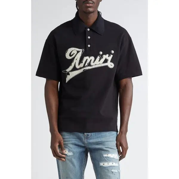 Amiri Distressed Logo Cotton Piqué Polo - Black
