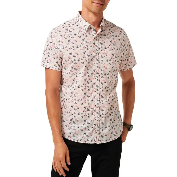 Travis Mathew Something New Floral Short Sleeve Stretch Cotton Blend Button-up Shirt - Moonbeam
