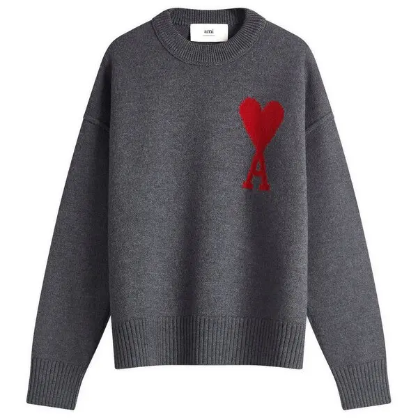 Ami A Heart Crew Knit - Heather Grey/red