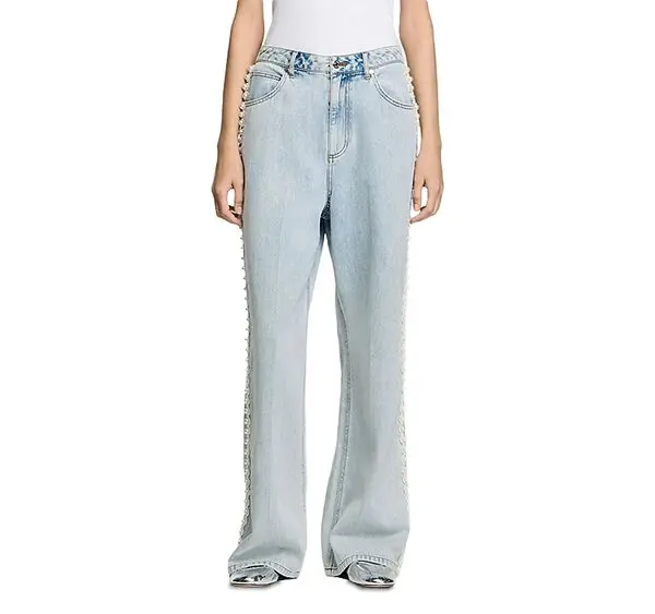 Sandro Beaded Straight Leg Jeans - Light Blue Jean