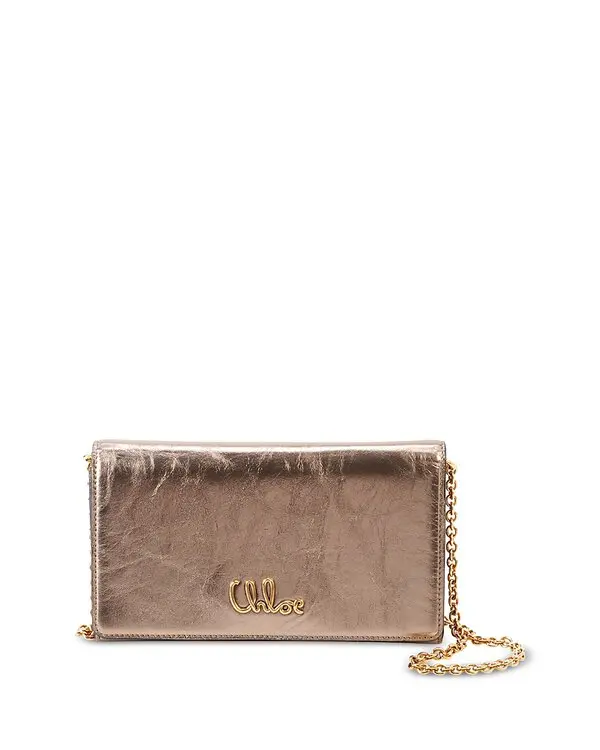 Chloé Iconic Leather Flap Wallet On Chain - Shiny Gray