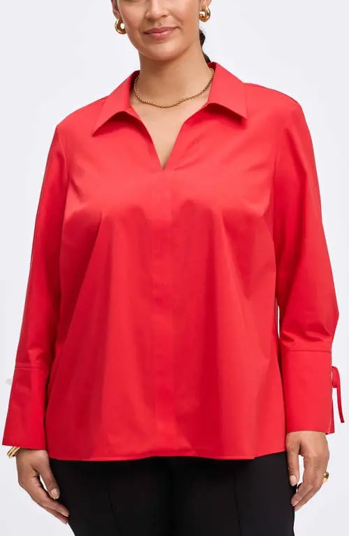 Foxcroft Carla Tie Cuff Popover Top - Simply Red