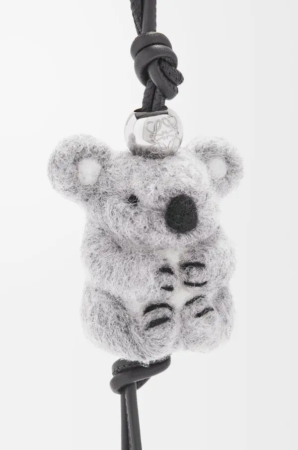 Loewe Koala Charm In Felt And Leather Skin - Light Grey/black