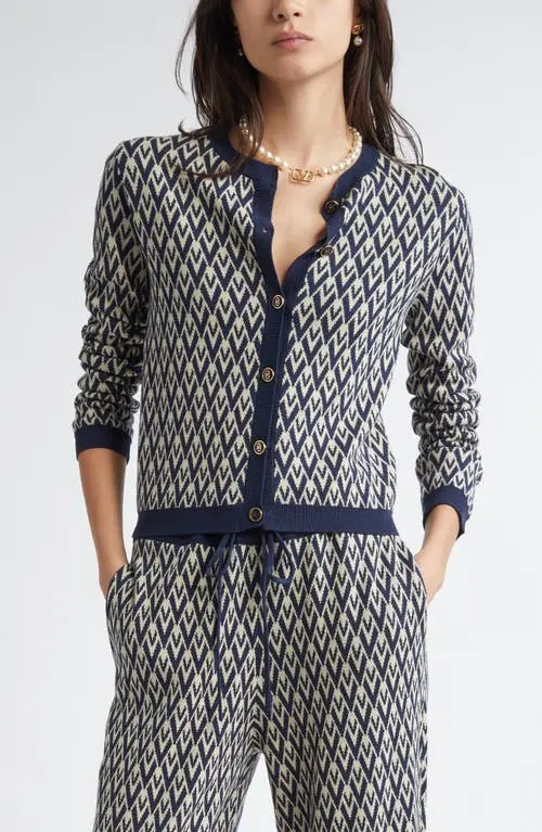 Valentino Garavani Toute La V Jacquard Virgin Wool Cardigan - Navy/ Cream