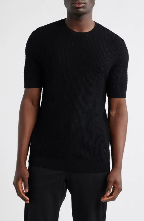Emporio Armani Short Sleeve Textured Wool Crewneck Sweater - Solid Black