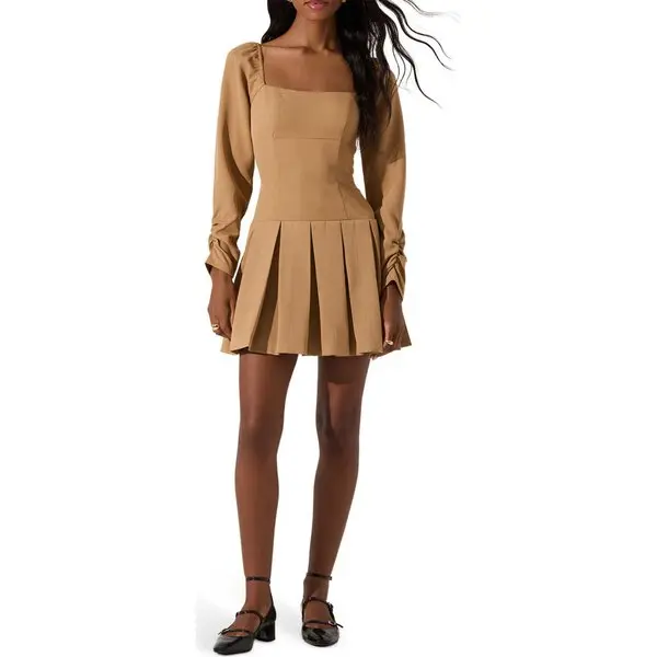 Astr The Label Long Sleeve Pleated Mini Dress