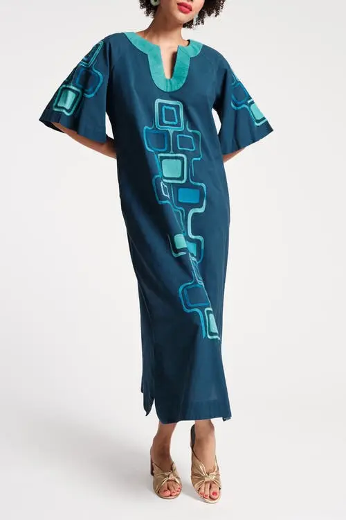 FRANCES VALENTINE Charming Caftan Maxi Jetson Print Cotton Linen