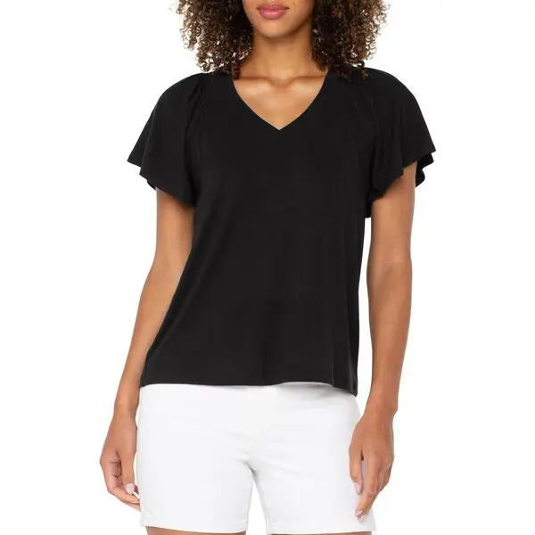 LIVERPOOL V-neck Flutter Sleeve Jersey Top - Black