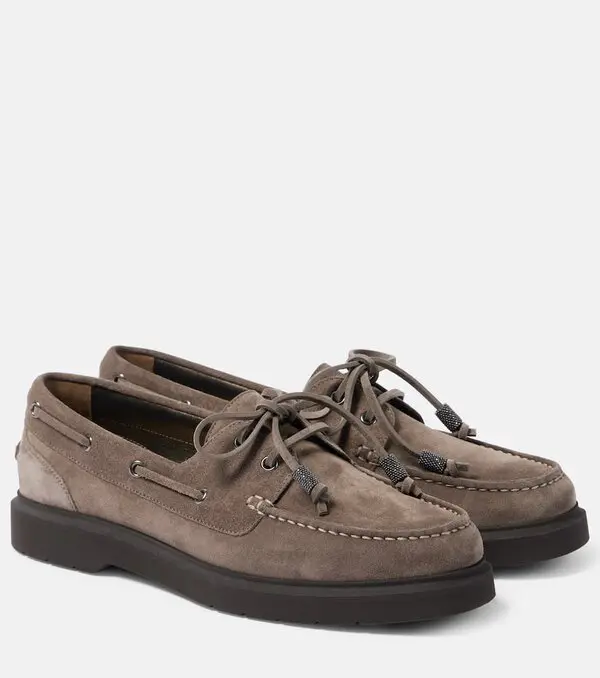 Brunello Cucinelli Sail Monili Suede Boat Shoes - Brown