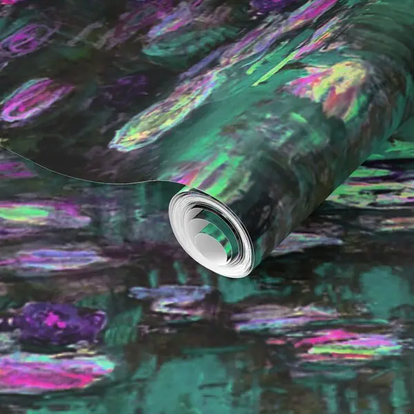 Spoonflower Water Lily Impressionism Traditional Wallpaper - Green,purple