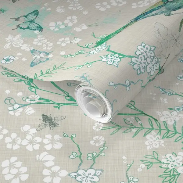 Spoonflower Birds Bees Mint Bird Bee Garden Spring Custom Removable Wallpaper - Blue,white