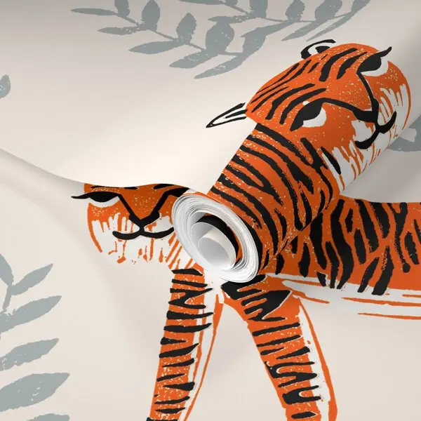 Spoonflower Safari Tiger Orange Slate Gray Champagne Custom Pre-pasted Wallpaper