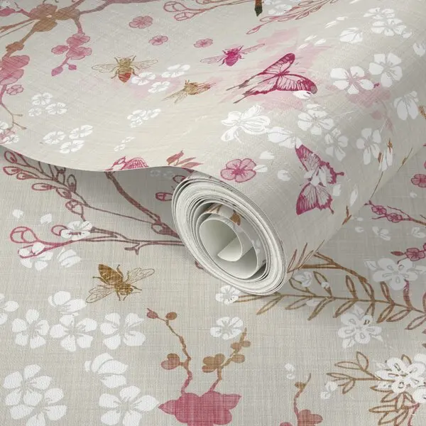 Spoonflower Birds Bees Rose Chinoiserie Floral Botanical Custom Pre-pasted Wallpaper