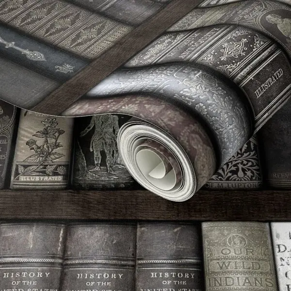 Spoonflower Library Moonlight Shelves Books Magic Book Custom Pre-pasted Wallpaper - Brown,red