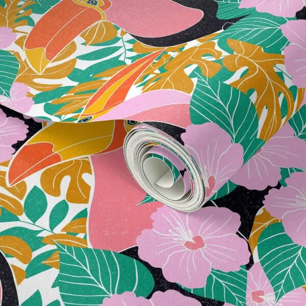 Spoonflower Colorful Toucans Modern Tropical Style Jungle Custom Pre-pasted Wallpaper - Orange,pink