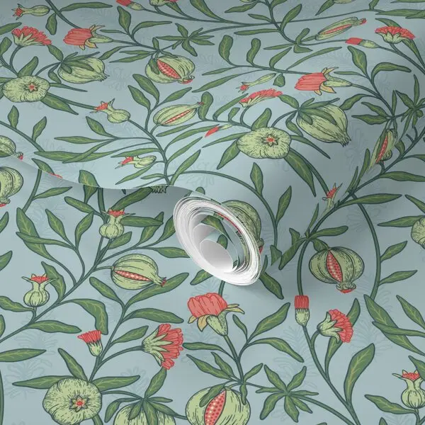 Spoonflower Victorian Floral William Morris Arts And Crafts Custom Pre-pasted Wallpaper - Blue,green