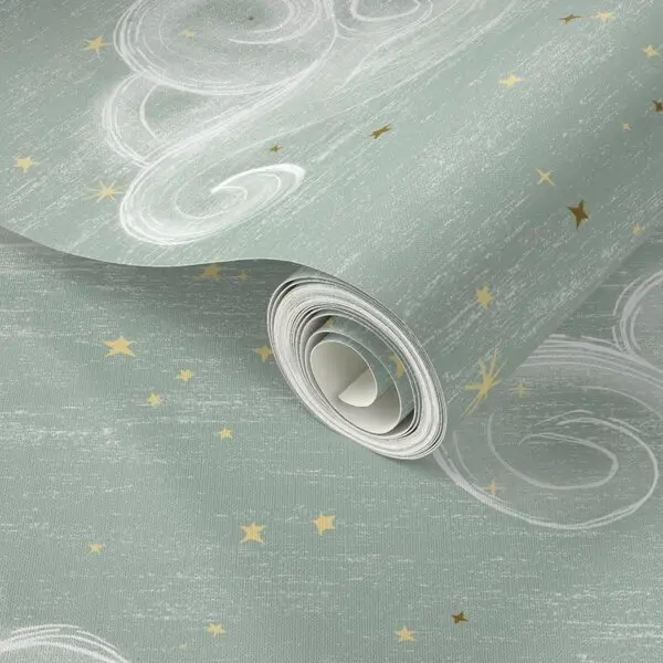 Spoonflower Whimsical Clouds Hand-drawn Pastel Nursery Soft Custom Pre-pasted Wallpaper - Green