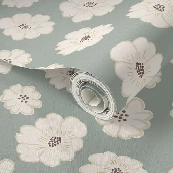 Spoonflower Boho Soft Green Botanical Modern Floral Neutral Traditional Wallpaper - Green,white