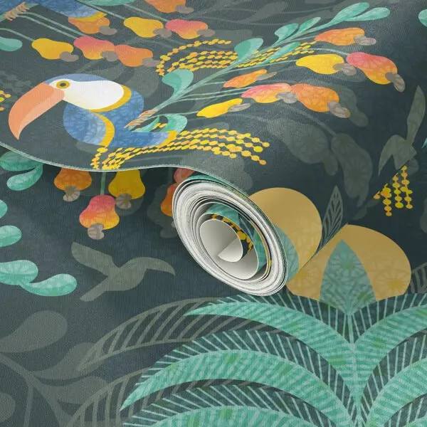 Spoonflower Rainforest Damask Dark Tropical Forest Exotic Custom Pre-pasted Wallpaper - Green,orange